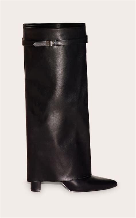 Black Matte Fold Over Knee High Block Heeled Boots Footwear