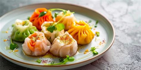 Colorful Dim Sum Dish With Intricately Shaped Items Premium AI