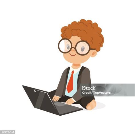 그의 노트북에서 일 하는 귀여운 작은 소년 사업가 벡터 일러스트 레이 션 개념에 대한 스톡 벡터 아트 및 기타 이미지 개념