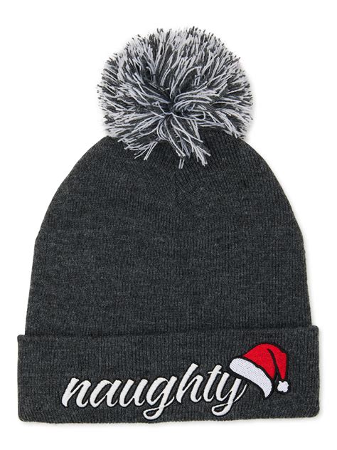 Holiday Time Womens Naughty Nice Pom Pom Beanie Hat Grey