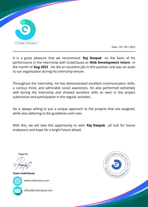 Raj Deepak On Linkedin Codeclause Letterofrecommendation Codeclause Internship