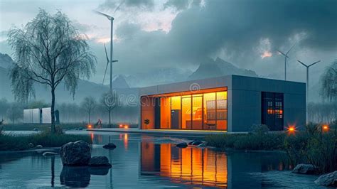Modern House With Solar Panels And Wind Turbines Stock Illustration