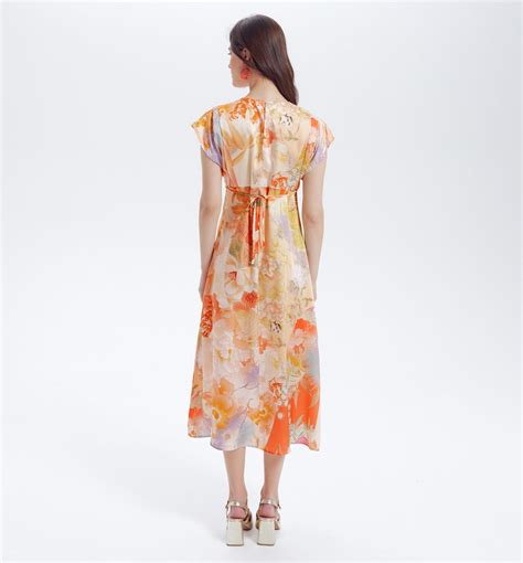 Long Patterned Satin Dress Multicolour Print