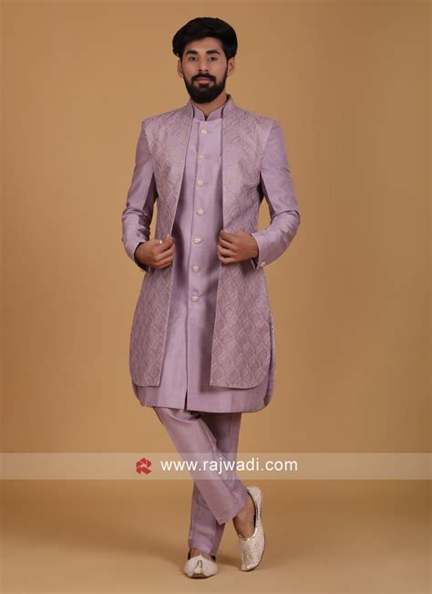 Lavender Thread Work 3 Pcs Nehru Jacket Set