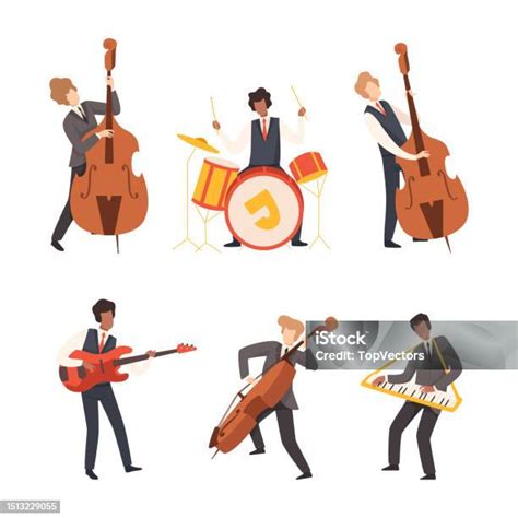 악기로 연주하는 재즈 밴드 뮤지션들 신디사이저 더블 베이스 드럼 어쿠스틱 기타 만화 벡터 일러스트레이션을 연주하는 음악가 Performance Group에 대한 스톡 벡터