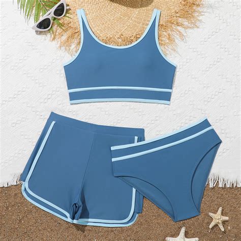 Chuou Girl 3 Piece High Waist Color Block Bikini Set Swimsuit Bathing