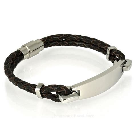 Personalised Brown Leather Bracelet Stainless Id Tag Engraved Leather