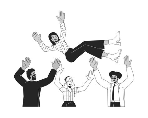 Diverse Colleagues Throwing Indian Woman In Air Black And White 2d Line