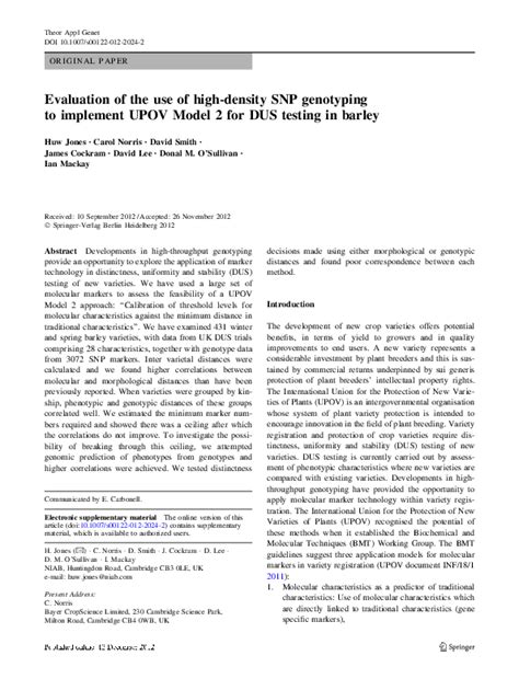 Evaluation Of The Use Of High Density Snp Genotyping To Implement Upov Model 2 For Dus Testing