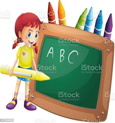 여자아이 쥠 커요 크레용 입석 앞에서 Blackboard 교실에 대한 스톡 벡터 아트 및 기타 이미지 교실 목재 재료
