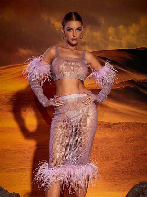 Avery Mesh Diamond Feather Trimmed Skirt Set Mew Mews Fashion