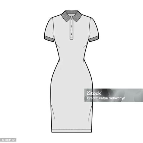 드레스 폴로 패션 일러스트와 반소매 몸에 맞는 무릎 길이 연필 스커트 헨리 네크 라인 플랫 의류 0명에 대한 스톡 벡터 아트 및 기타 이미지 Istock