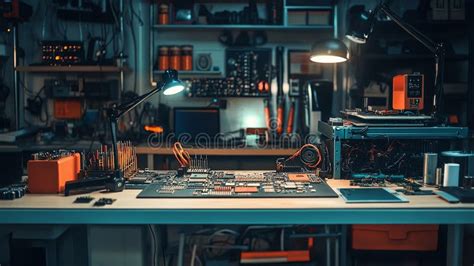 A Clean Workspace For Building Robots With Circuit Boards Soldering Stock Image Image Of