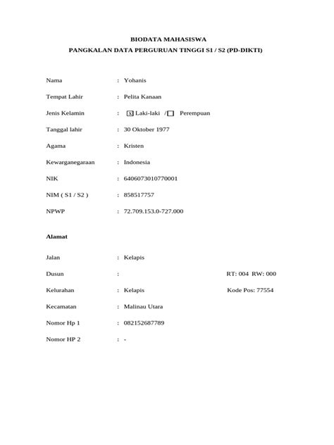 Form Biodata Lapor Diri Pdpt Pd Dikti Edit Pdf
