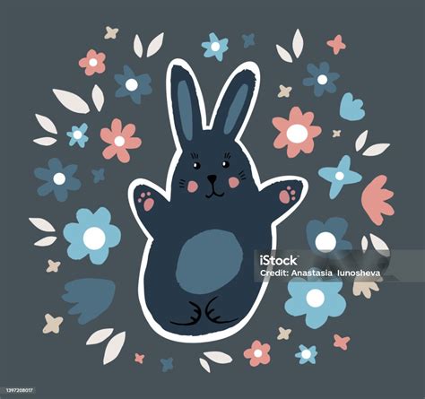 꽃과 잎이있는 귀여운 토끼 스칸디나비아 인쇄 일러스트 레이 션 어린이 의류 엽서 식기 벡터 컬러 그래픽 개체 그룹에 대한 스톡