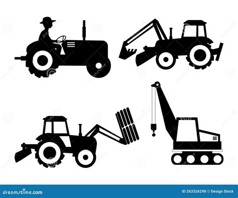 Collection Of Tractor With Crane Isolated Vector Silhouette Stock