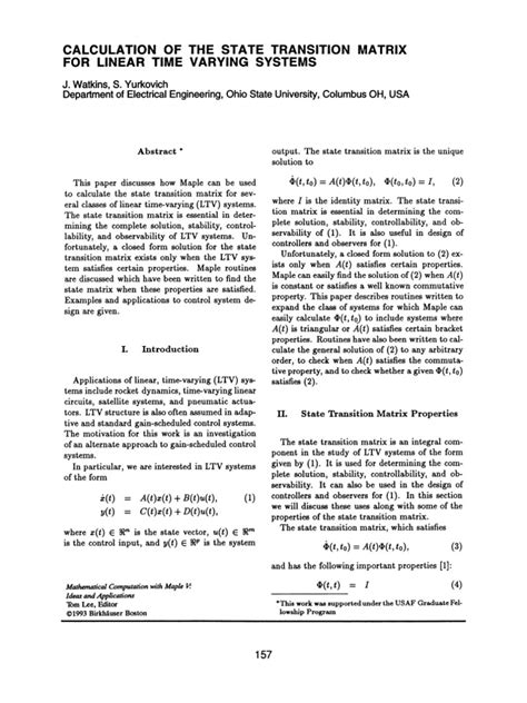 1993 Calculation Of The State Transition Matrix For Linear Time Varying Systems Pdf Matrix