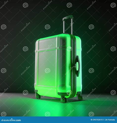 Green Travel Suitcase On A Dark Background 3d Rendering Neon Light