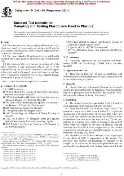 ASTM D1045 95 2001 Standard Test Methods For Sampling And Testing Plasticizers Used In Plastics