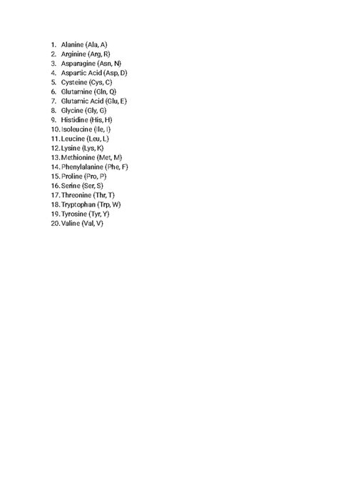 20 Amino Acid Practice Material Bchn 213 Alanine Ala A