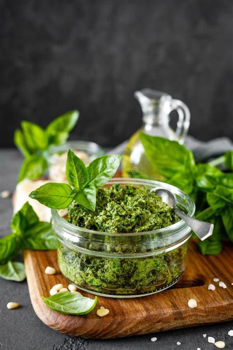 Traditional Italian Pesto Alla Genovese With Fresh Basil Leaves Pine