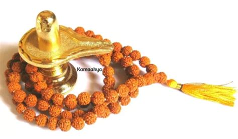 Shivling Lord Shiva Plaqué Or Avec Cinq Mukhi Rudraksha Mala 7 Mm Sous