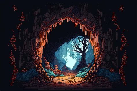 Pixel Art Cave Entrance Natural Tunnel Landscape In Retro Style For 8