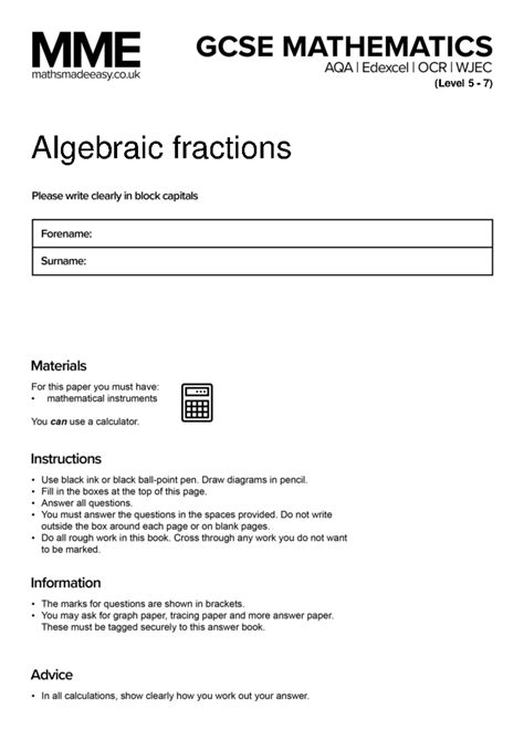Algebraic Fractions Questions Mme Algebraic Fractions Level 5 7 1 Express The Following As