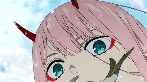 Darling In The Franxx Zero Two Hiro Closeup Of Zero Two With Green Eyes And Pink Hair And Horn