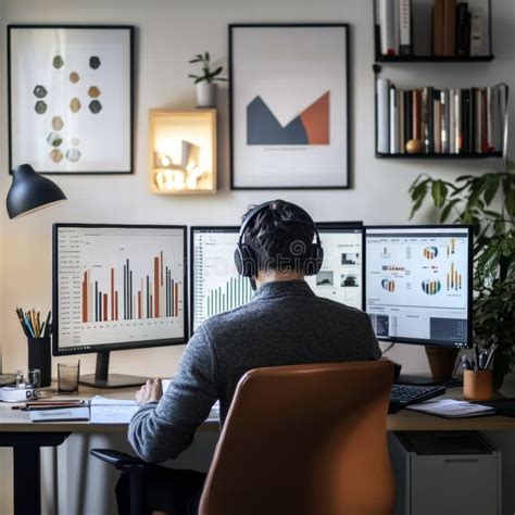 Data Analyst Working Remotely With Multiple Monitors At Home Stock Image Image Of Digital