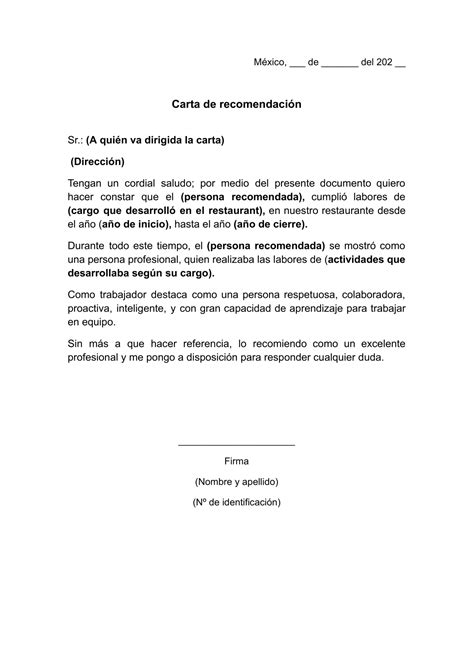 Carta De Recomendación Laboral De Restaurante ️