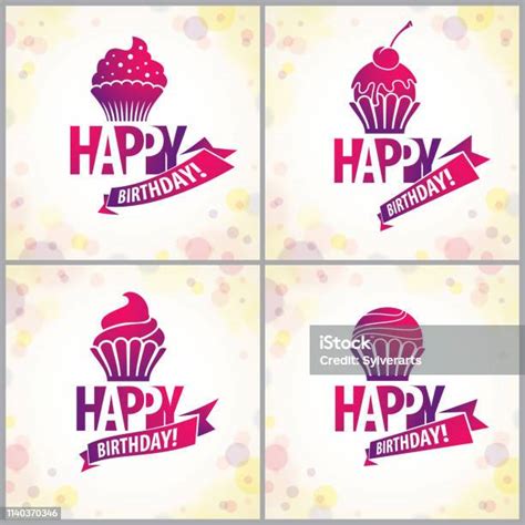 생일 축 하 벡터 인사말 카드 설정 합니다 흐리게 서클 추상적 인 배경 위에 배치 아름 다운 레터링과 컵 케 잌 조성 물이 포함 되어 있습니다 인쇄에 허용 되는 Cmyk