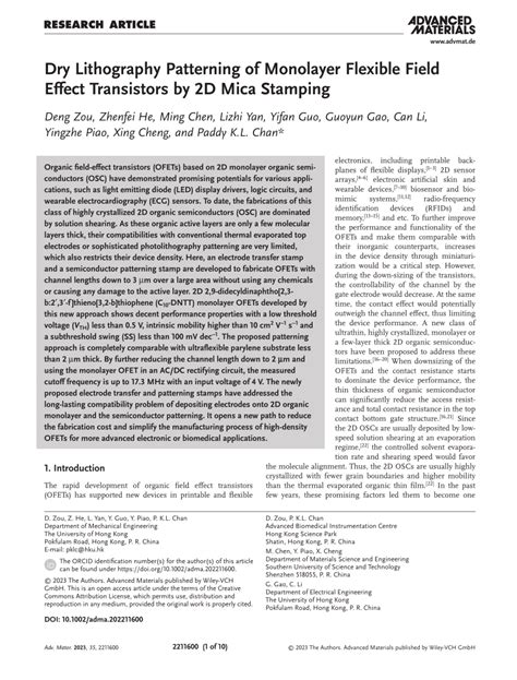 Pdf Dry Lithography Patterning Of Monolayer Flexible Field Effect