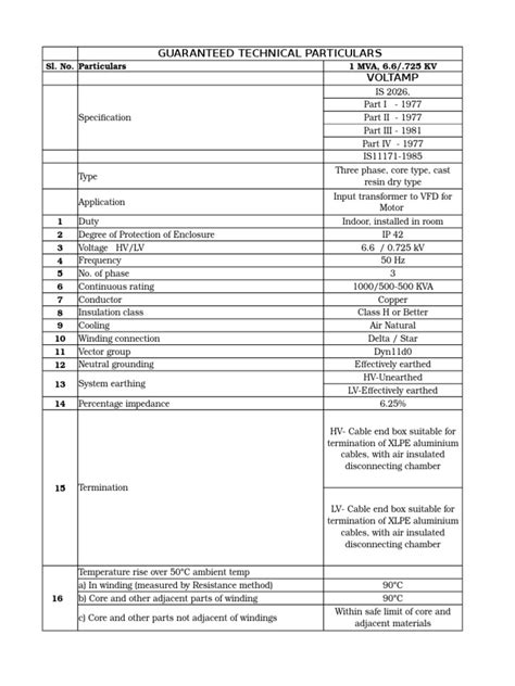 1 Mva Transformer Technical Sheet Kirloskar Pdf Transformer Components