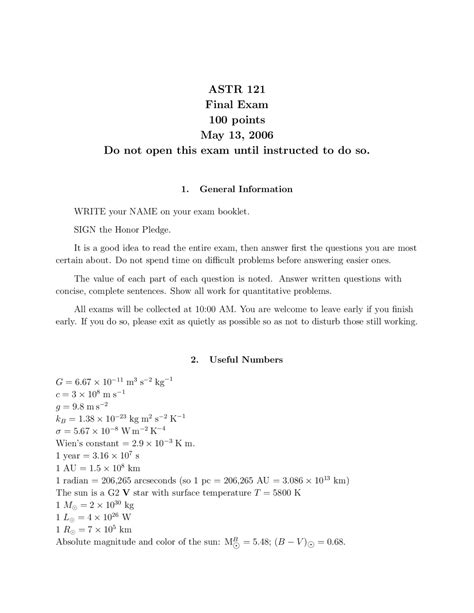 Final Exam Questions Introduction To Astrophysics Ii Astr 121 Docsity