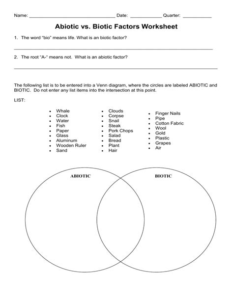 Abiotic Vs Biotic Factors Worksheet