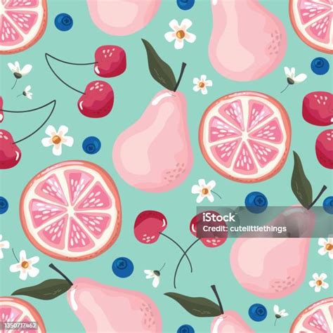 과일 원활한 패턴 배 체리 자몽 꽃 직물 직물 장식 용지에 대한 낭만적 인 밝은 배경 벡터 감귤류 과일에 대한 스톡 벡터 아트 및 기타 이미지 Istock