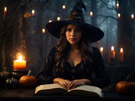 Premium Ai Image Halloween Witch Girl With Magic Book Of Spells Portrait