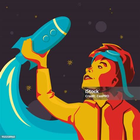 그의 머리에 안경 소년 가상 우주 로켓에 재생합니다 소련 스타일 우주 비행사에 대한 스톡 벡터 아트 및 기타 이미지 우주