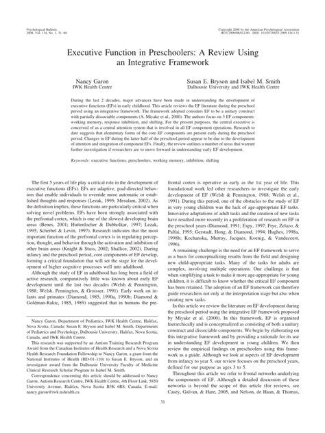 Pdf Executive Function In Preschoolers A Review Using An Integrative Framework
