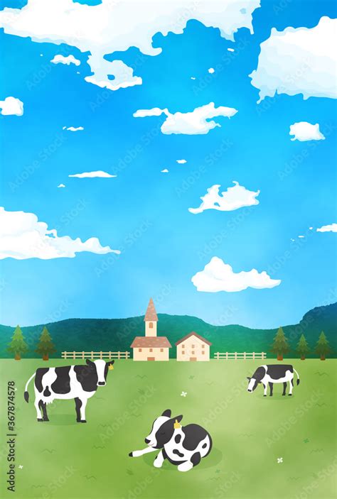 牧場と牛の水彩風景イラスト Stock Vector Adobe Stock