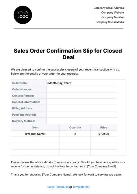Free Sales Order Confirmation Slip For Closed Deal Template To Edit Online