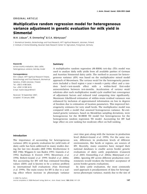 Pdf Multiplicative Random Regression Model For Heterogeneous Variance