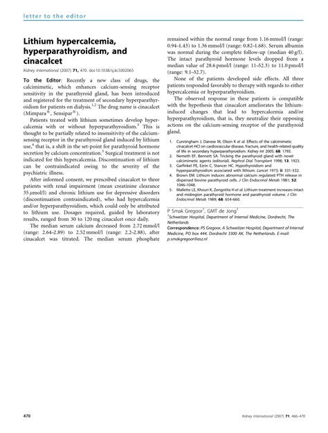 Pdf Lithium Hypercalcemia Hyperparathyroidism And Cinacalcet