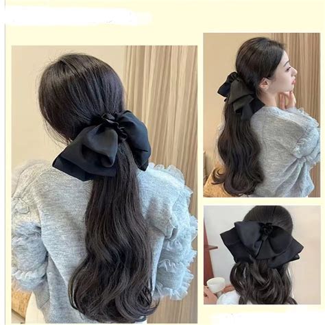 Bow Ponytail Wig For Women Simulation Long Curly Hair Grab Clip High