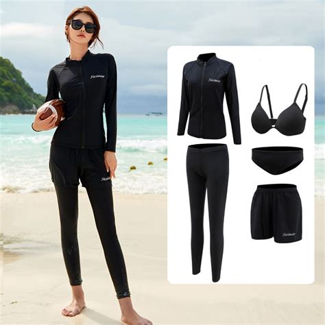 [m 2xl] ชุดว่ายน้ำผู้หญิงแขนยาว เซท 5 ชิ้น กางเกงขายาว ขาสั้น ผ้ากัน Uv สีดำ พร้อมส่ง Sk157