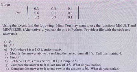 Solved Given Using The Excel Find The Following Hint You Chegg Com