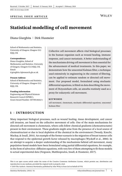 Pdf Statistical Modelling Of Cell Movement
