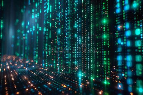 digital artwork of black background with blue and green vertical binary code creating an