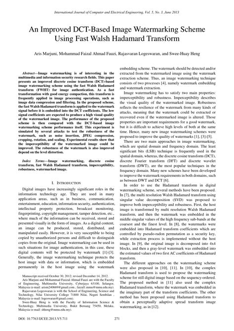 Pdf An Improved Dct Based Image Watermarking Scheme Using Fast Walsh